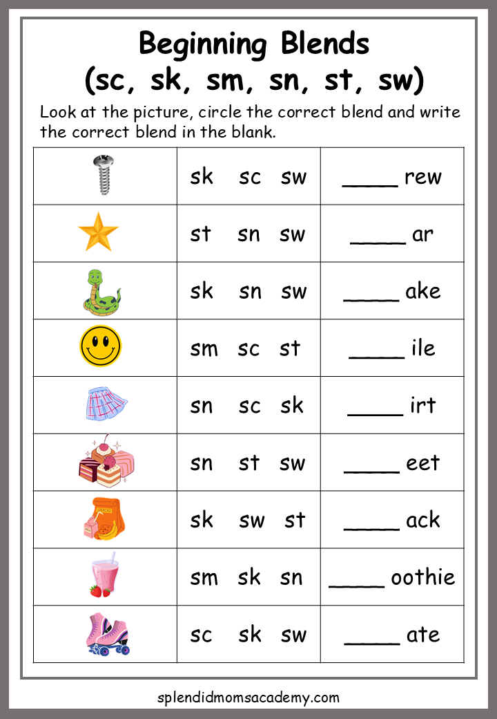 Beginning Blends - Letter S Blends Worksheets